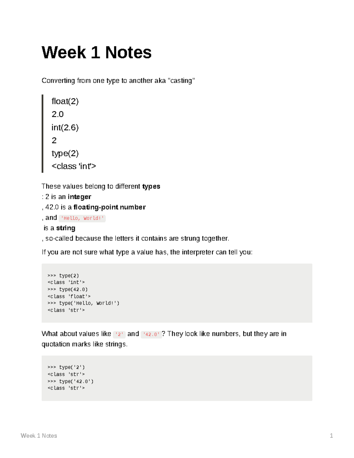 Week 1 Notes - Values belong to different types - Week 1 Notes ...