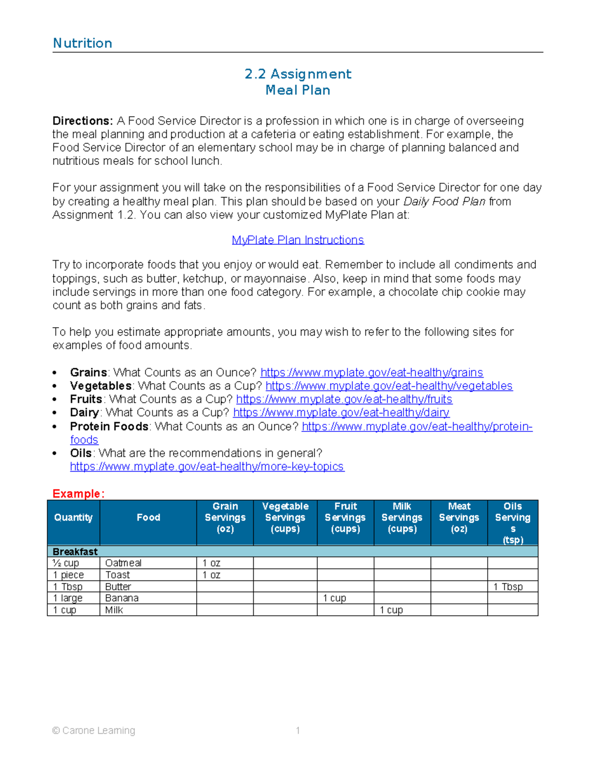 health and wellness - Nutrition 2 Assignment Meal Plan Directions: A ...