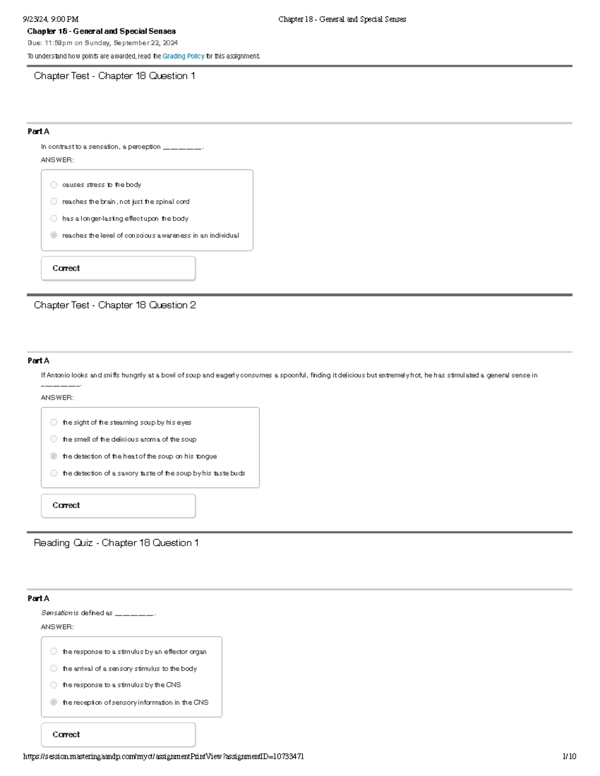 Chapter 18 - General and Special Senses - Chapter Test - Chapter 18 ...