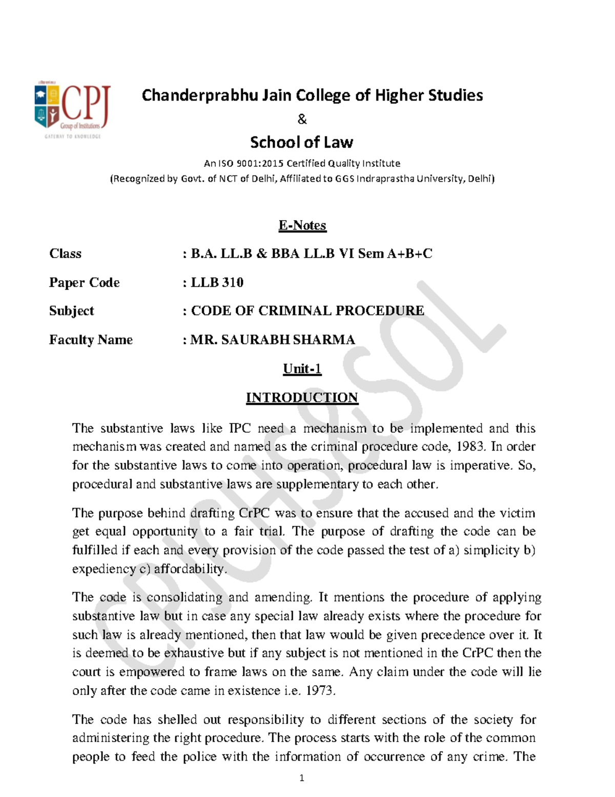 Unit-1 Code of Criminal Procedure E-Notes LLB 310 - & School of Law An ...