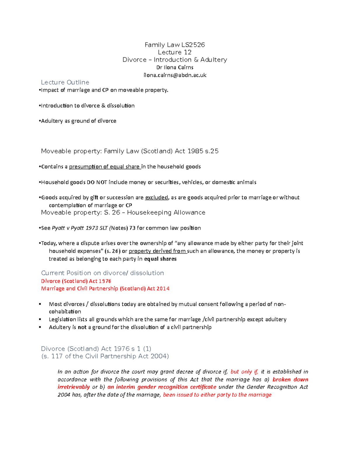 Divorce Lecture Notes - Family Law LS Lecture 12 Divorce – Introduction ...