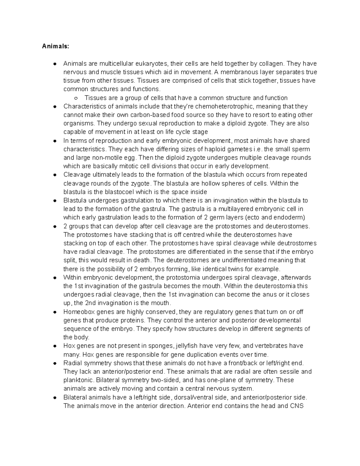 BIOL 108 Post-Midterm - notes - Animals: Animals are multicellular ...