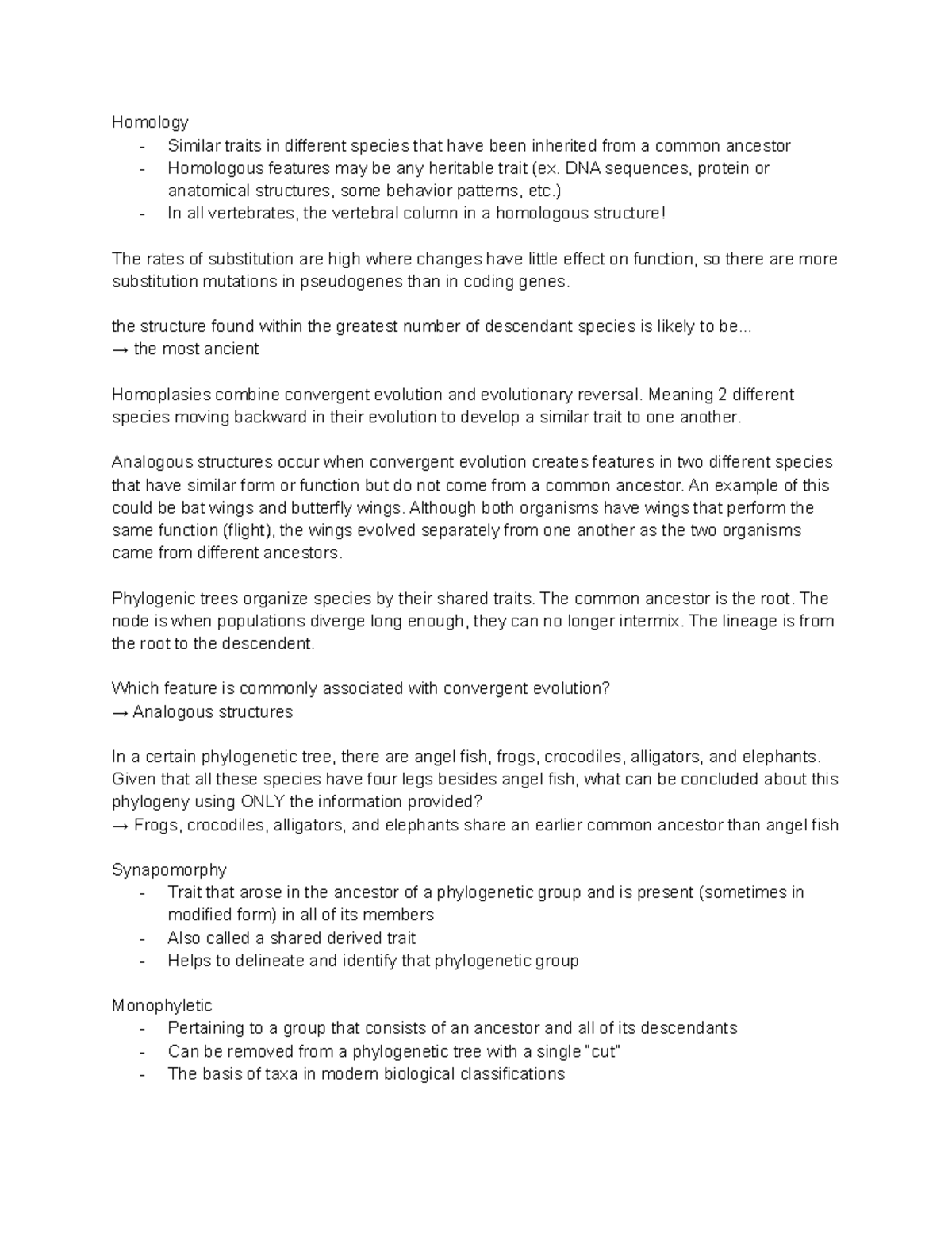 Phylogenies - Cerego Practice Qs. Notes - Homology - Similar traits in ...