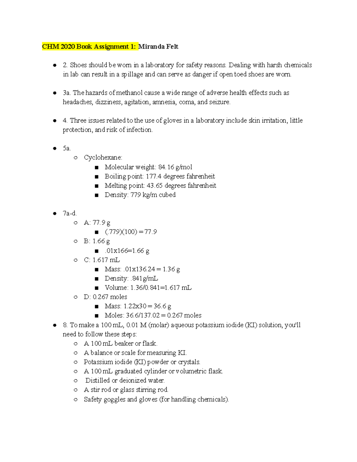 Book Assignment 1 CHM 2020 - CHM 2020 Book Assignment 1: Miranda Felt 2 ...