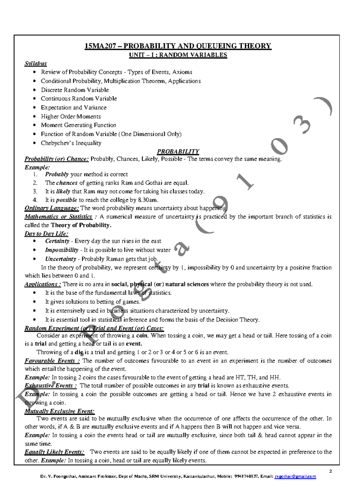 PQTU1 - PQT Unit 1 - 2 15MA207 – PROBABILITY AND QUEUEING THEORY UNIT – I : RANDOM VARIABLES ...