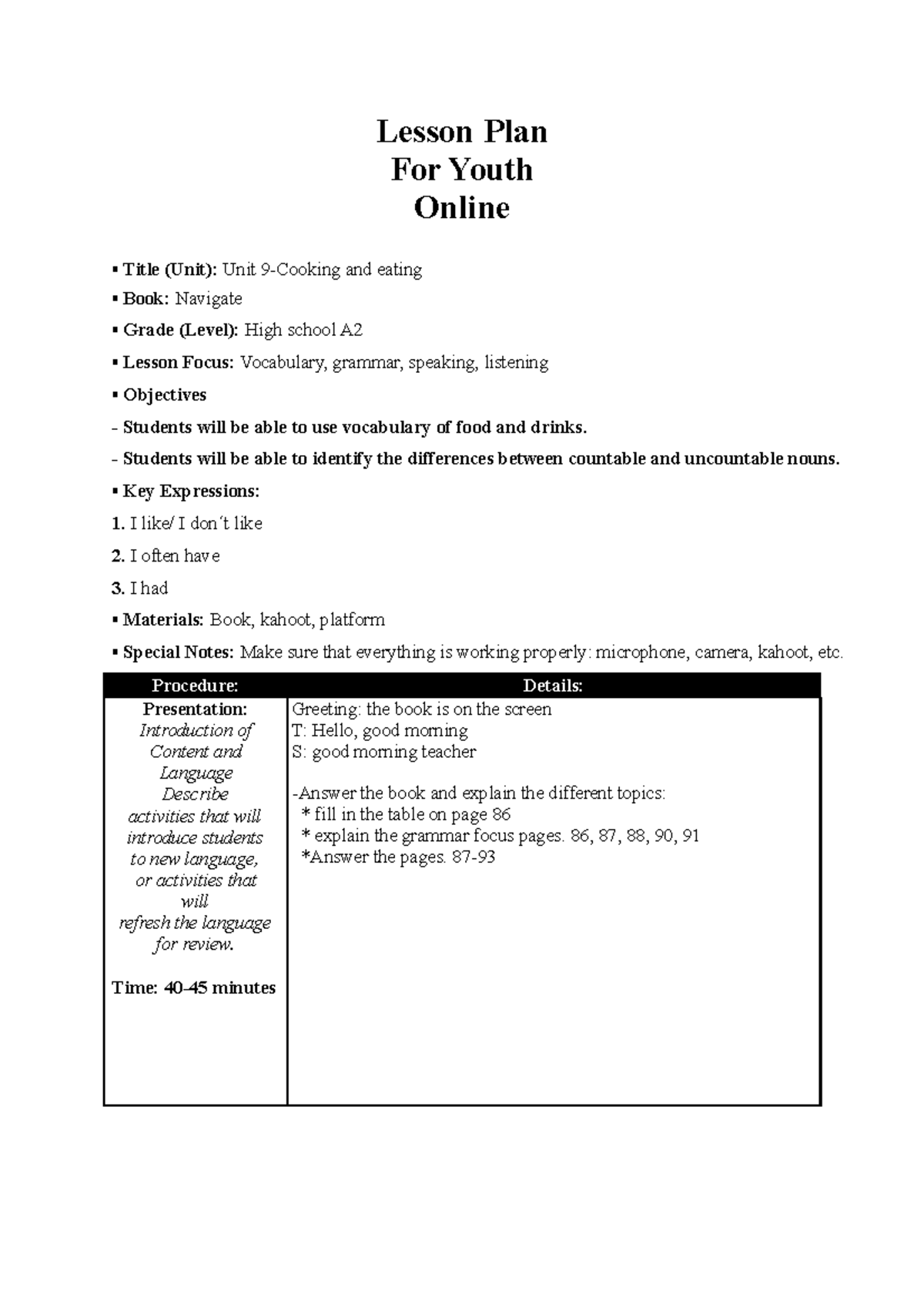 Lesson Plan For Youth - Lesson Plan For Youth Online Title (Unit): Unit ...