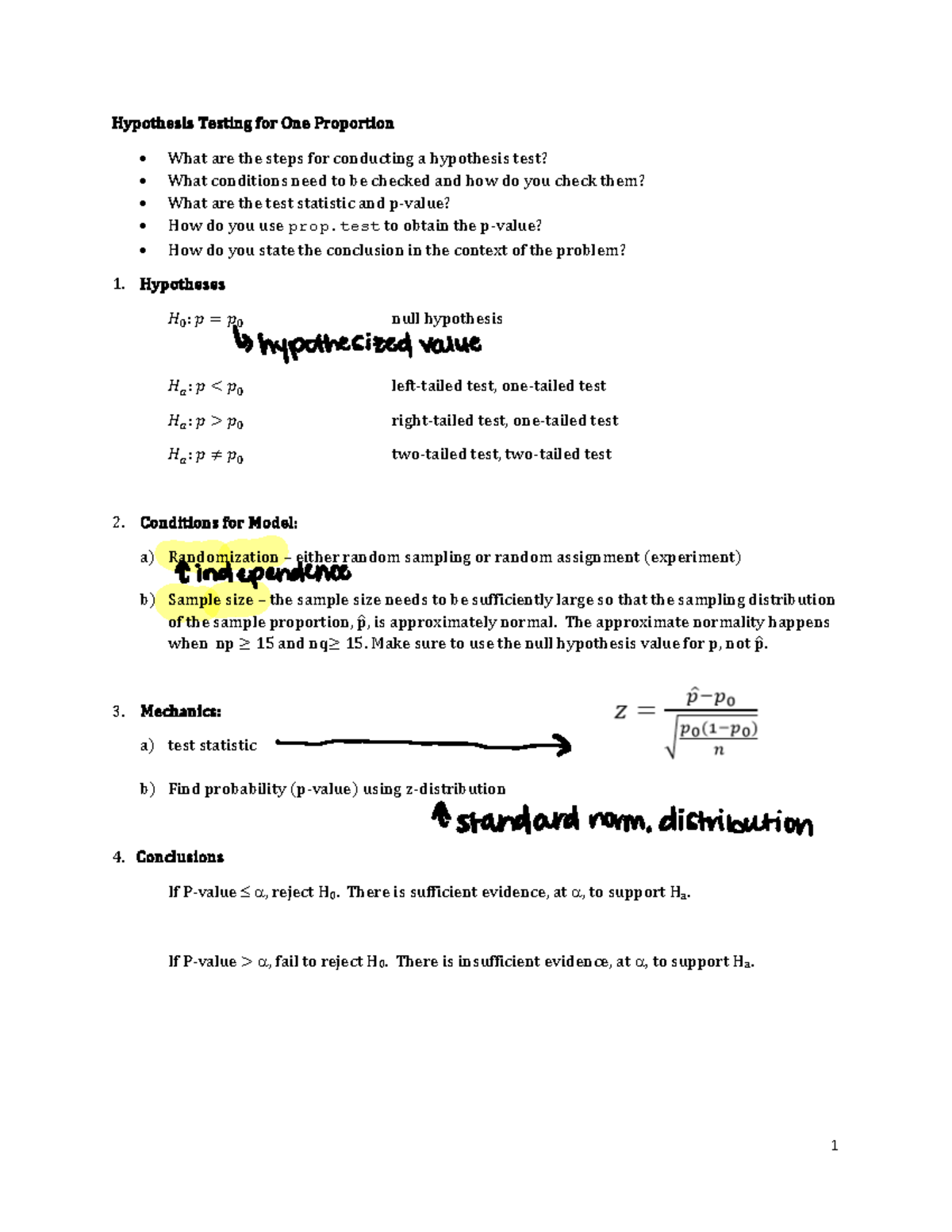 hypothesis testing for one proportion - Hypothesis Testing for One ...