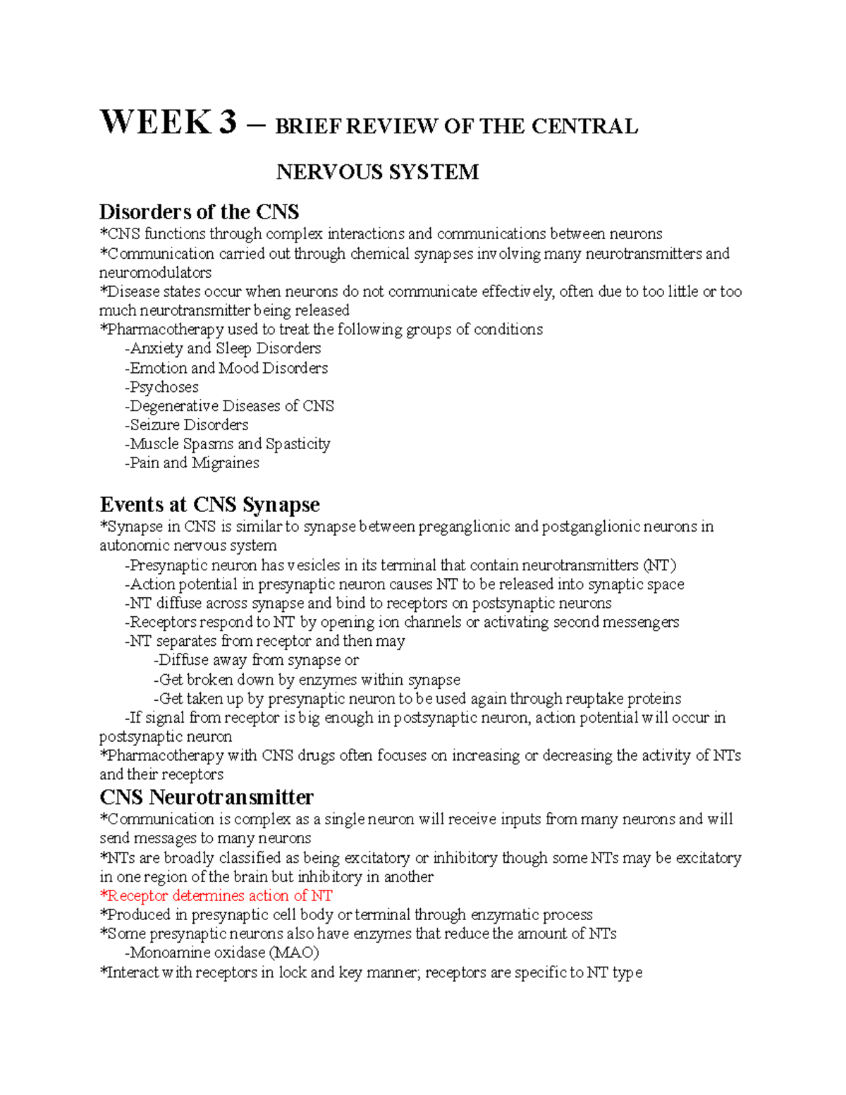 WEEK 3 Pharmacology - WEEK 3 – BRIEF REVIEW OF THE CENTRAL NERVOUS ...