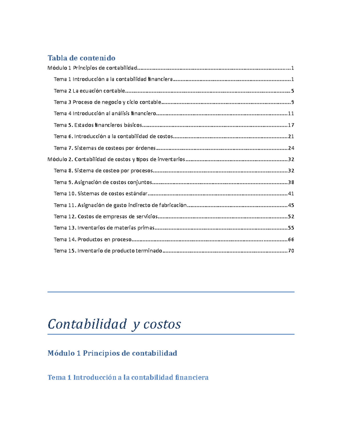 Apuntes Contabilidad y costos - Tabla de contenido Contabilidad y ...