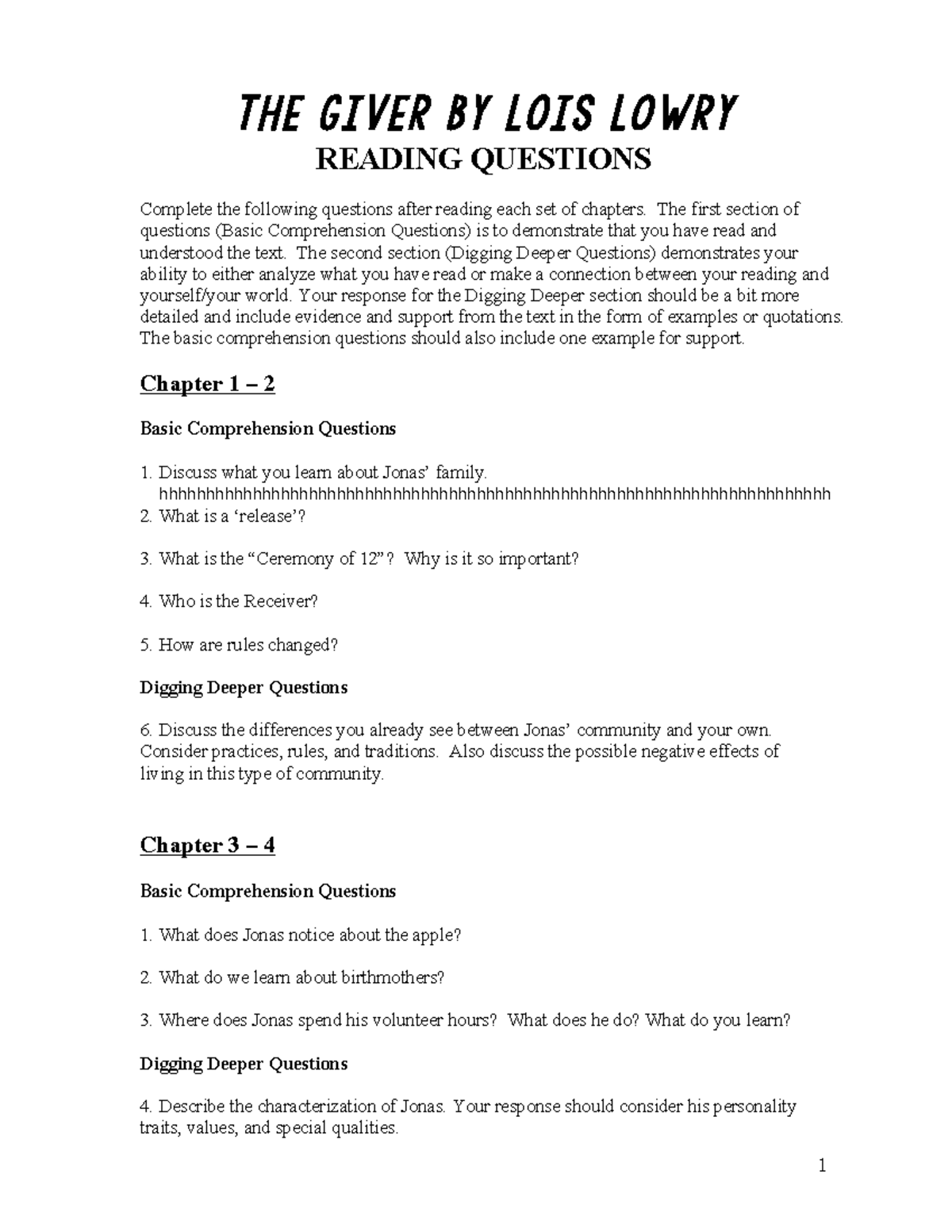 Alexander Gasper - The Giver SG - The Giver by Lois Lowry READING ...