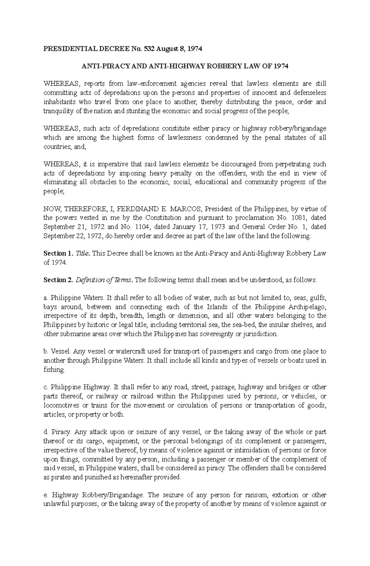 Presidential Decree No. 532 - PRESIDENTIAL DECREE No. 532 August 8 ...