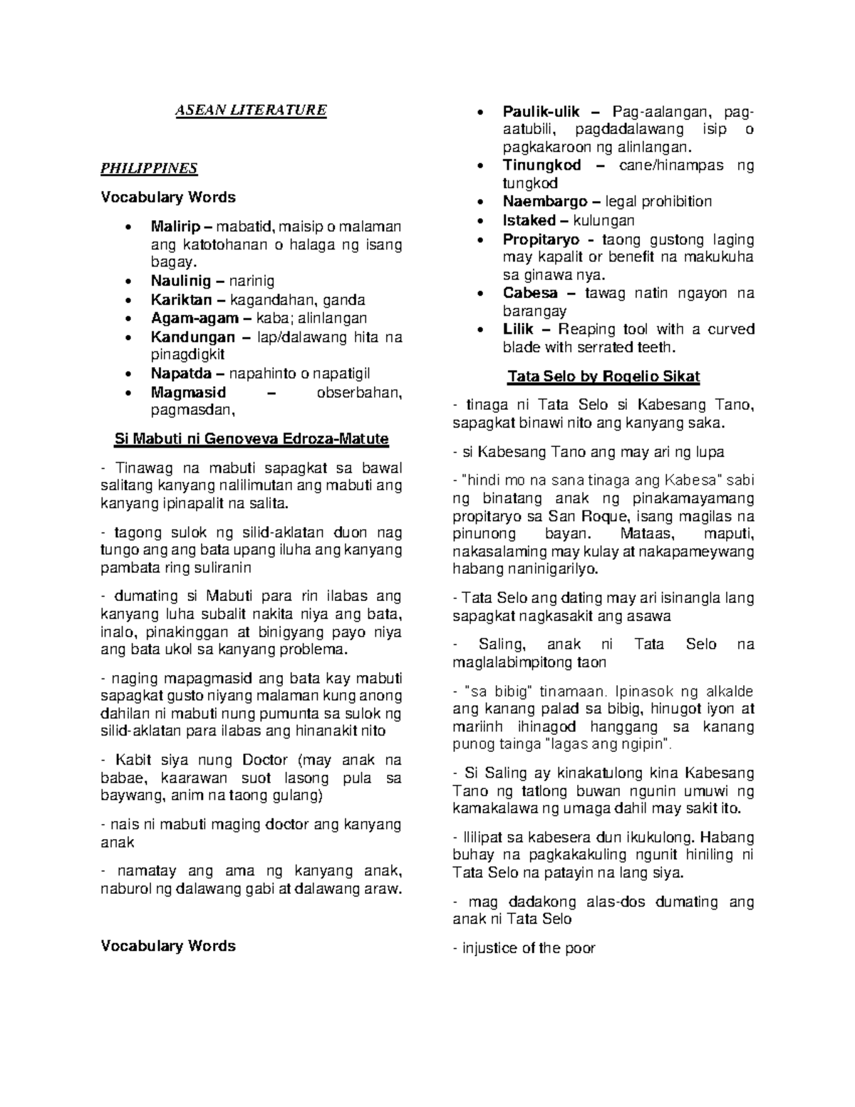 Asean-LIT- Reviewer - ASEAN LITERATURE PHILIPPINES Vocabulary Words ...