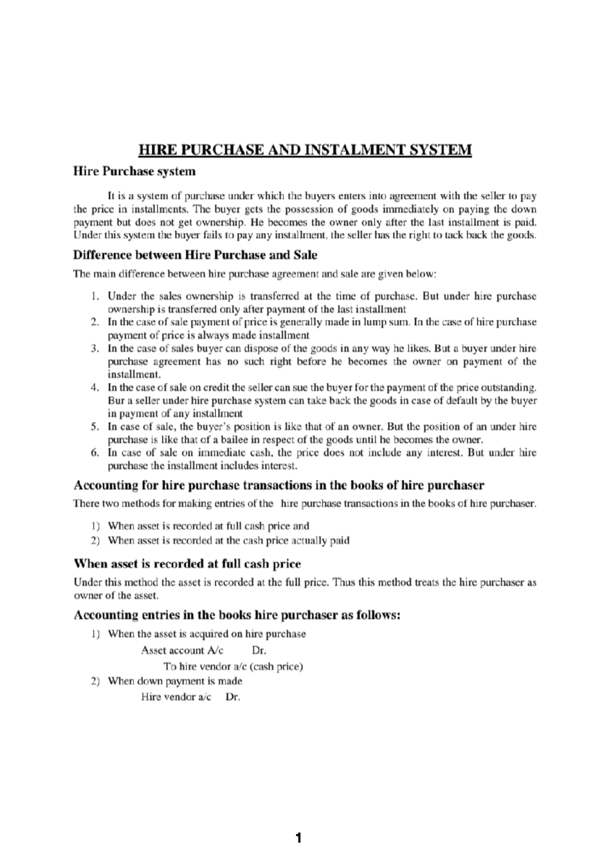 Hire purchase:-Difference between hire purchase and sale. - Financial ...