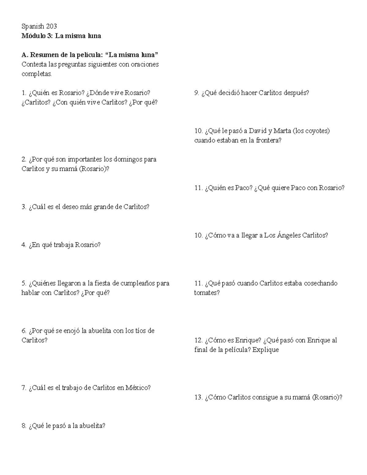 Handout-M3- La misma luna-SPAN 203- Fall 23 - Spanish 203 Módulo 3: La ...