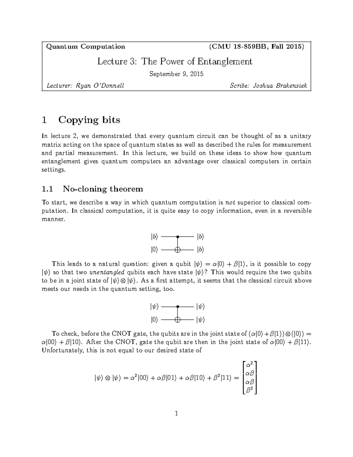 Lecture 03 Quantum Computation Cmu 18 859bb Fall 2015 Lecture 3 The Power Of Entanglement