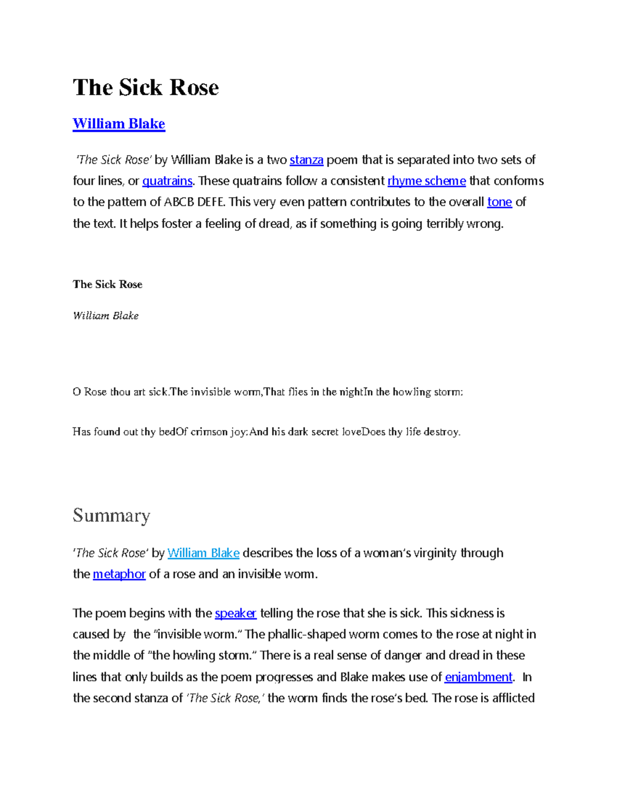 The Sick Rose - The Sick Rose - The Sick Rose William Blake ‘The Sick ...