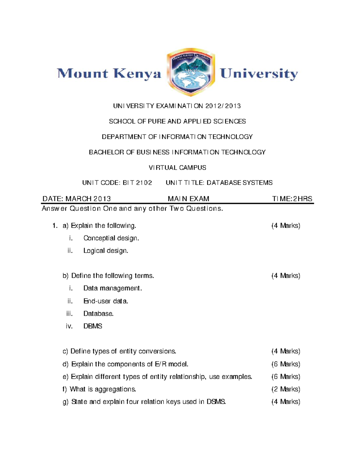 Exam March 2013, questions - UNI VERSI TY EXAMI NATI ON 201 2 / 20 13 ...
