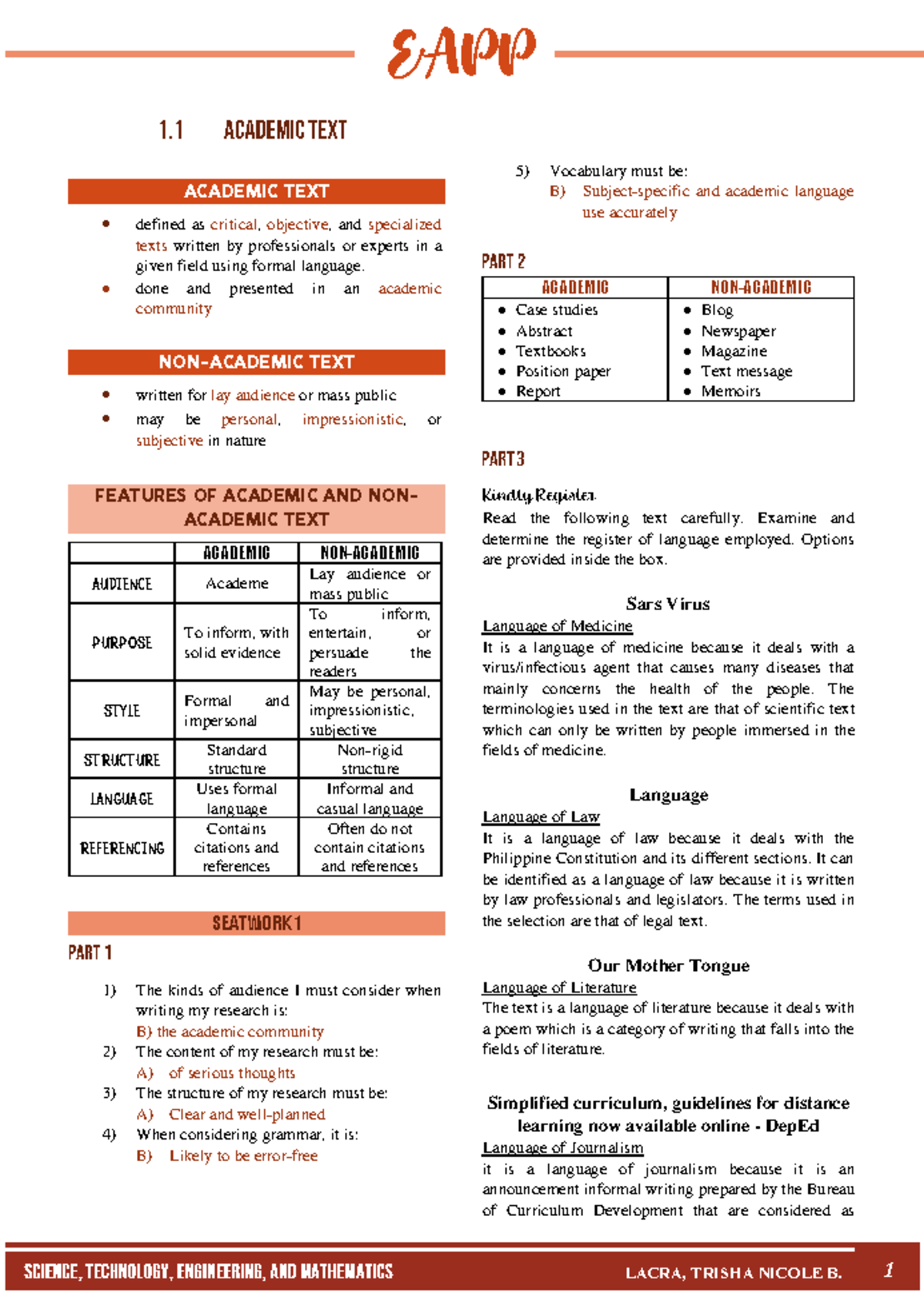 English for Academic Purposes Program Notes - ACADEMIC TEXT defined as ...
