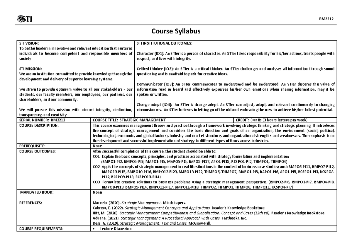 BM2212 - Syllabus and Course Outline - Course Syllabus STI VISION: To ...