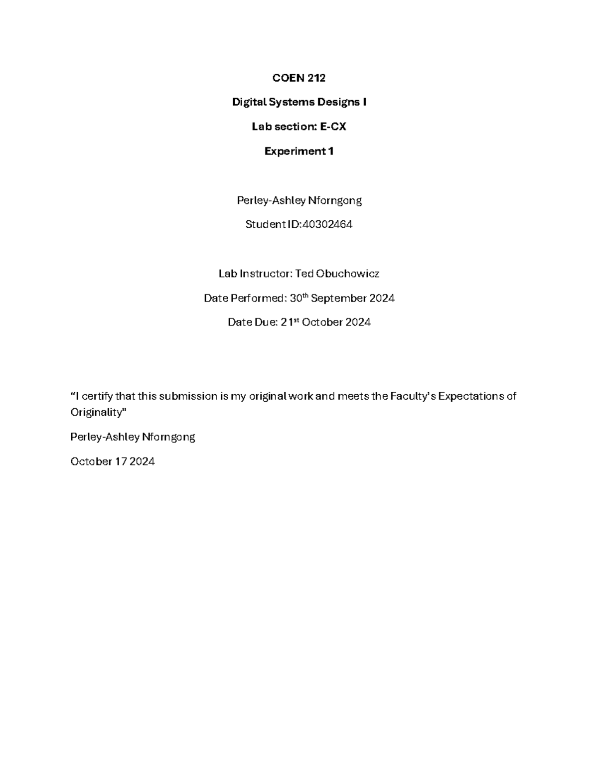 Coen Lab 1 Lab 1 Coen 212 Digital Systems Designs I Lab Section E Cx Experiment 1 Perley