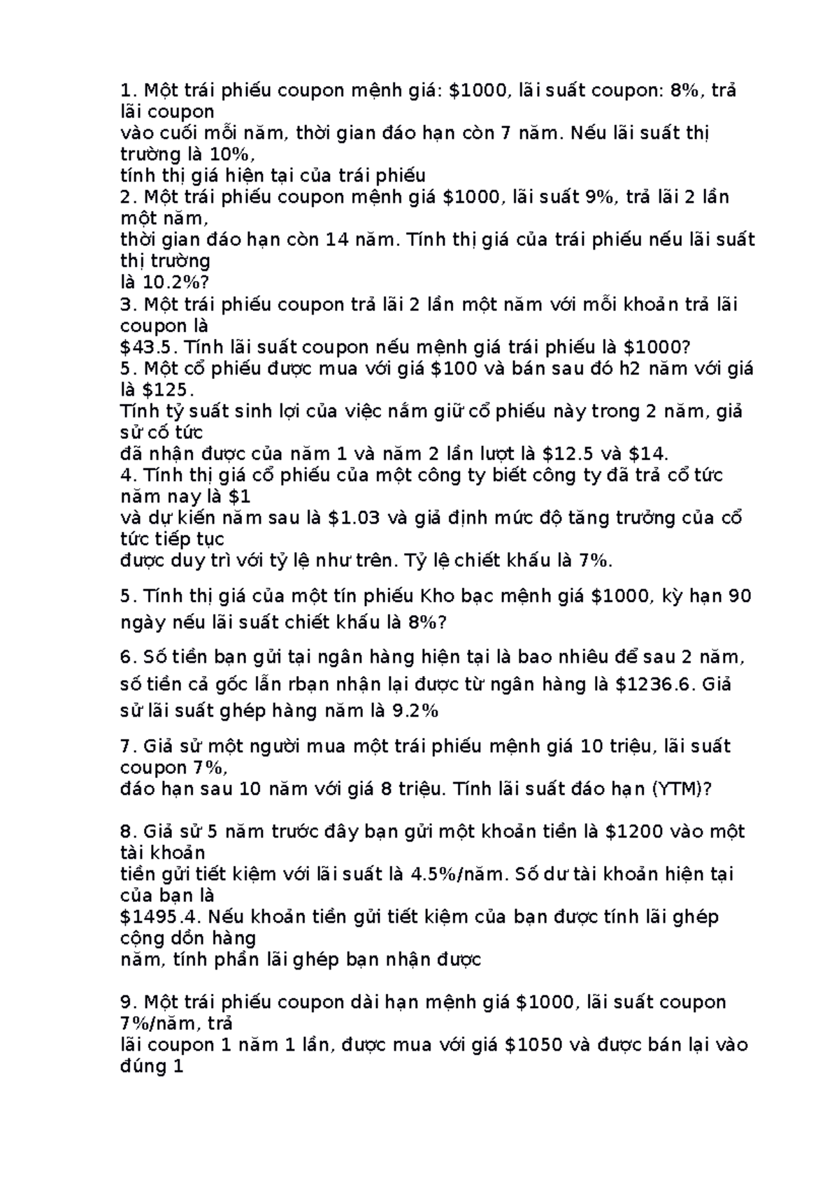 BT LS & GTTG - BT LS & GTTG - 1. Một trái phiếu coupon mệnh giá: $1000 ...
