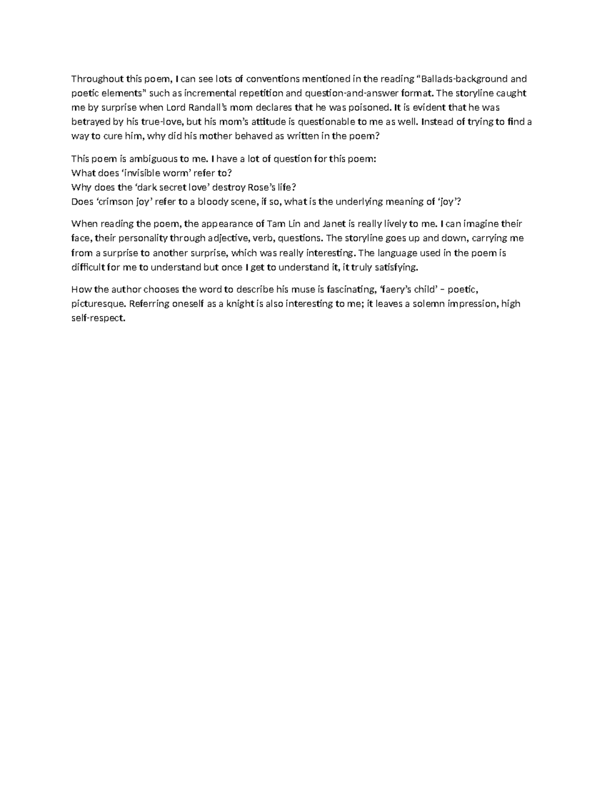 Comments - Throughout this poem, I can see lots of conventions ...