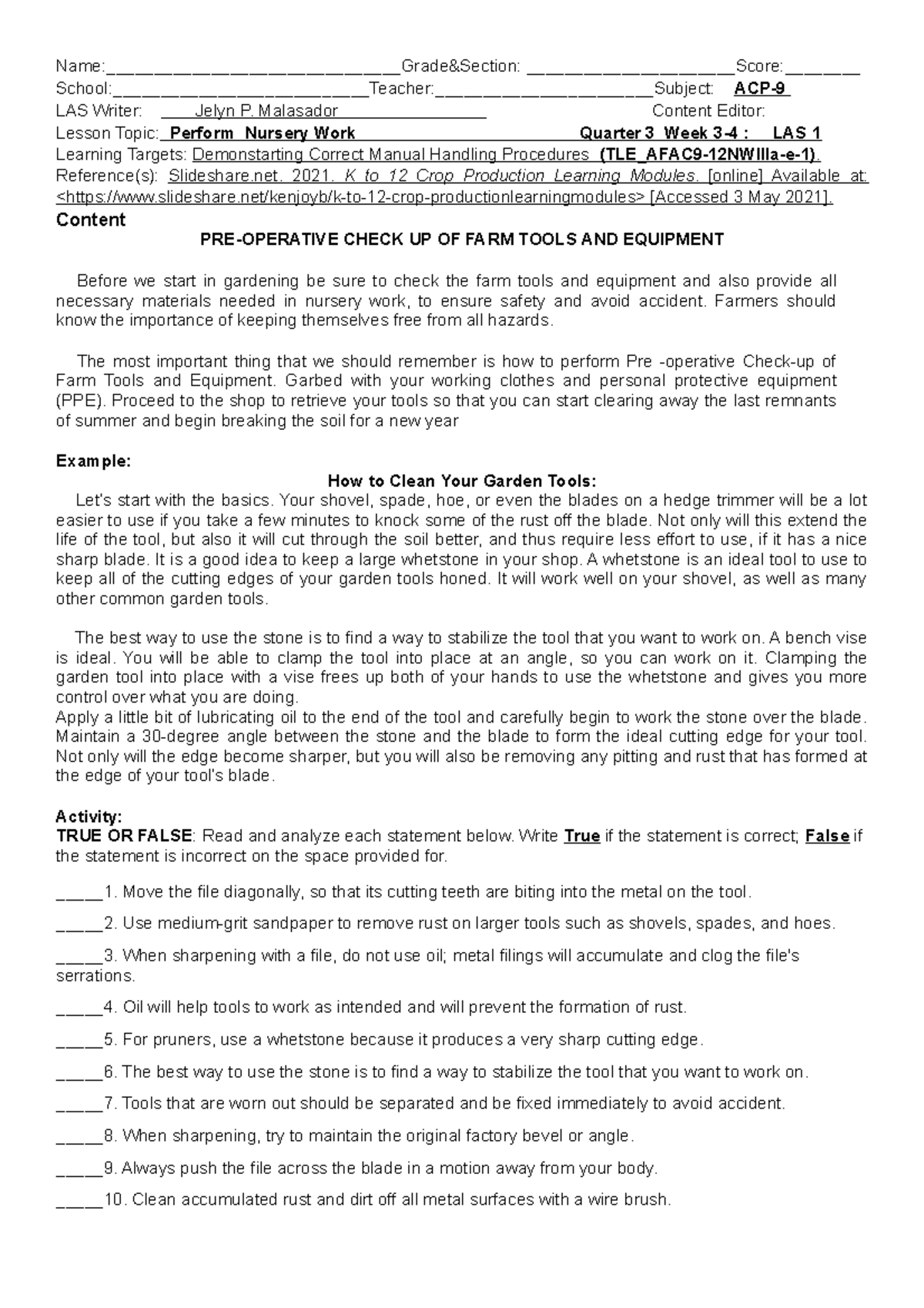 Las 3 - Learning Activity Sheets - Name ...