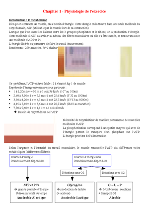 Physio exercice chap 2 - cours - Chapitre : PHYSIOLOGIE DE L’EXERCICE Introduction : Le ...
