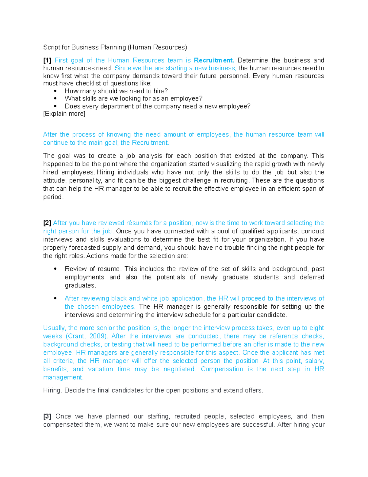 Script for Business Planning - Determine the business and human ...