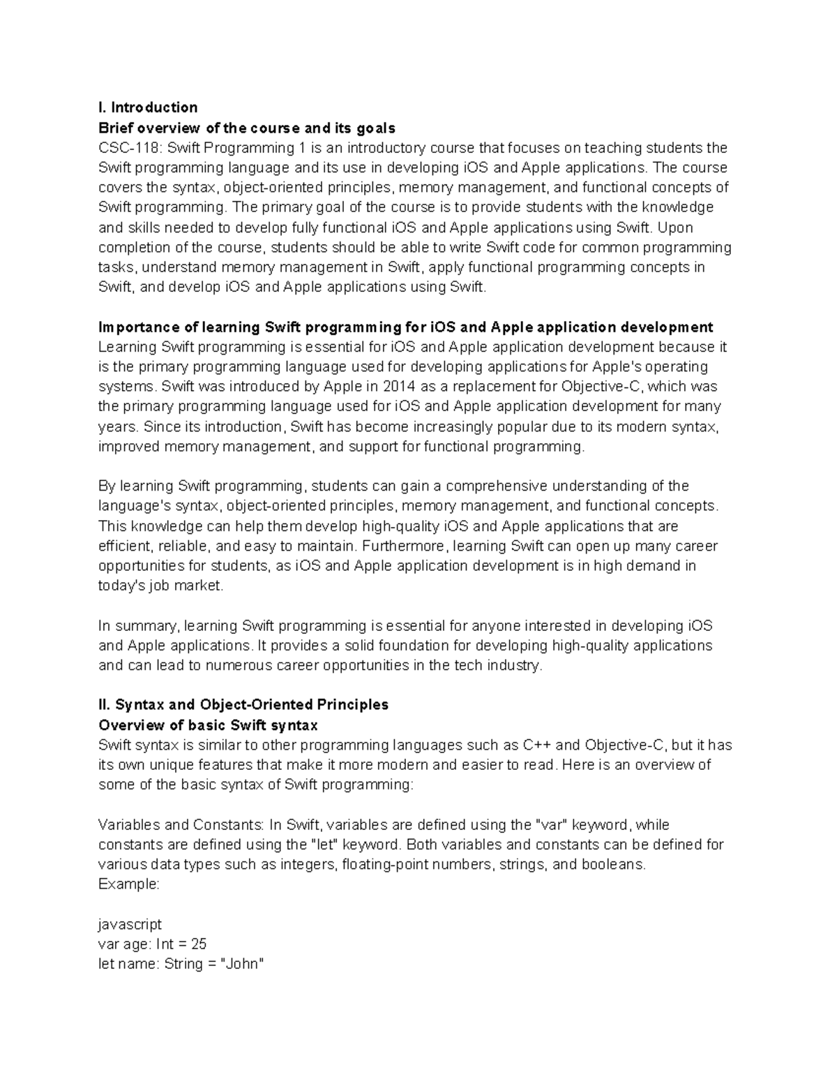 Csc 118 Swift Programming I Notes I Introduction Brief Overview Of The Course And Its Goals