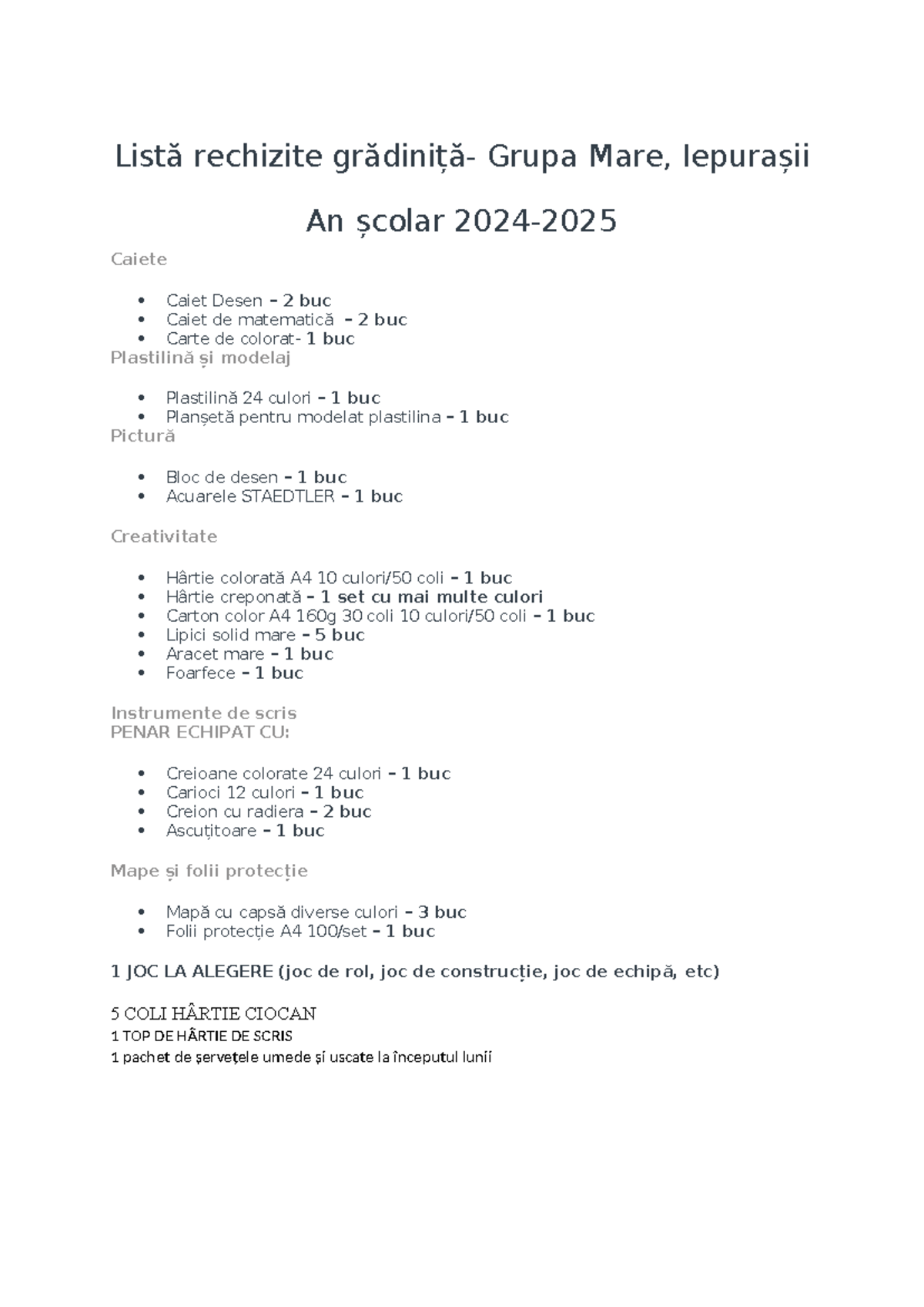 Lista de rechizite - Listă rechizite grădiniță- Grupa Mare, Iepurașii ...