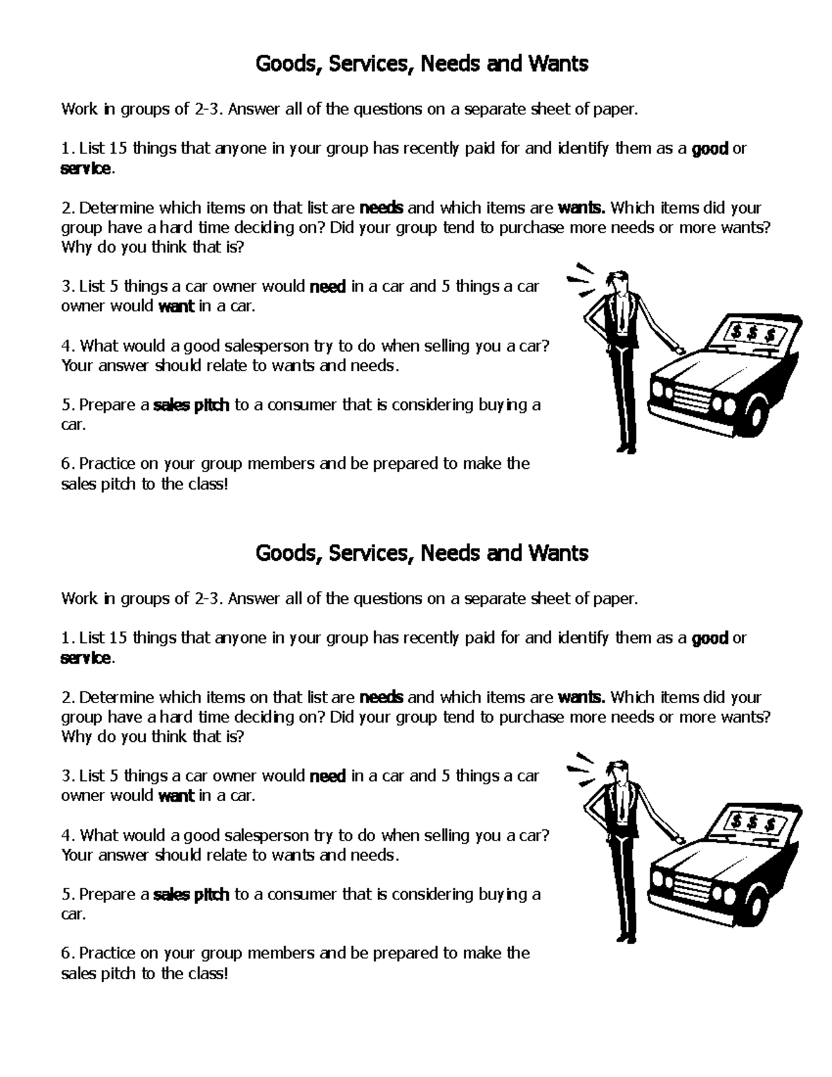 04 - goods, services needs and wants activity - Goods, Services, Needs ...