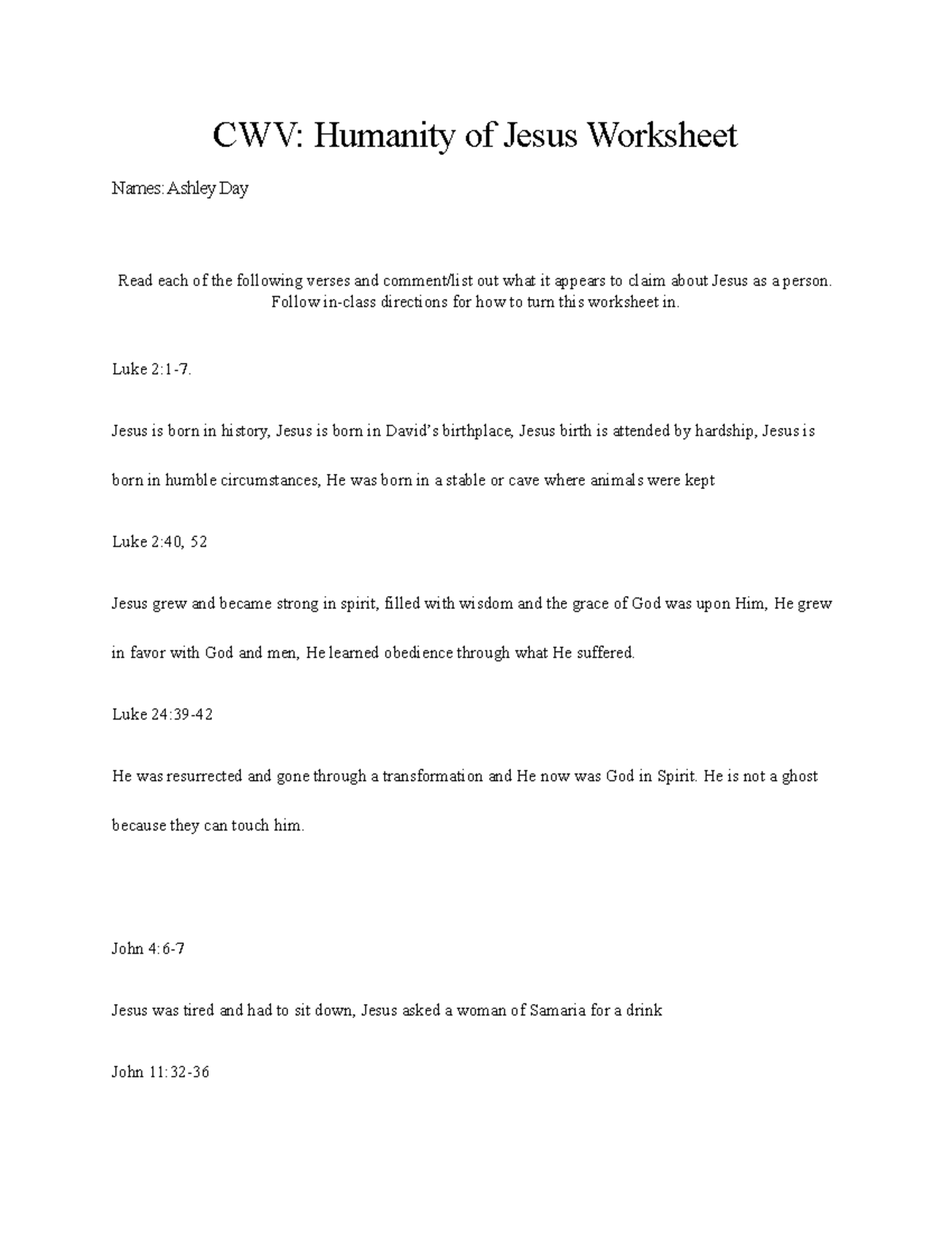 Humanity Worksheet for Christian Worldview - CWV: Humanity of Jesus ...