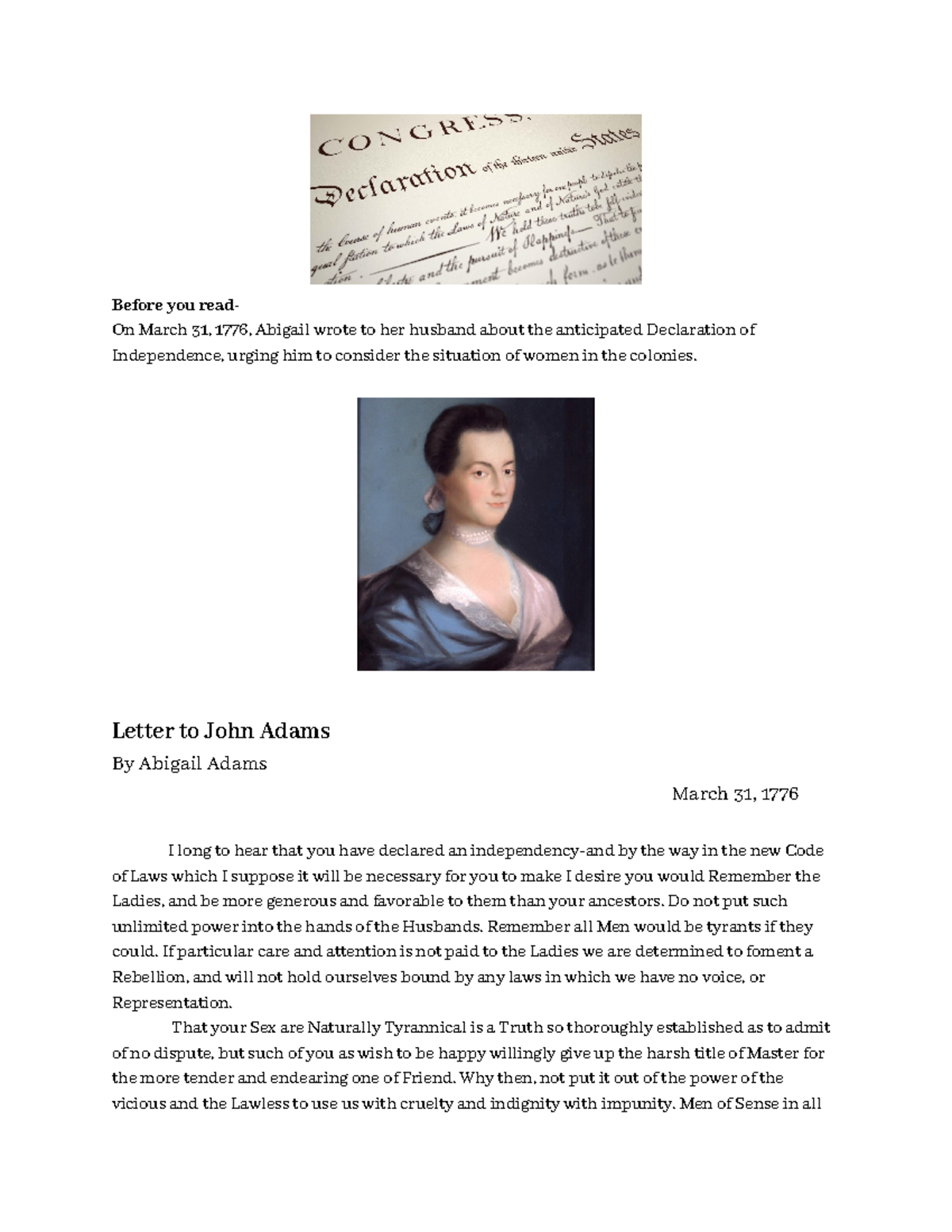 Abigail Adams Letter To John Adams March 31 1776