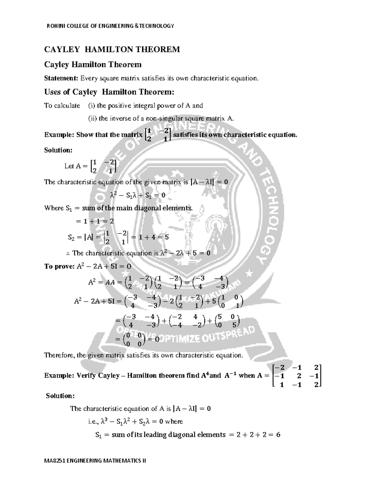 Rohini 28397556189 - CAYLEY HAMILTON THEOREM Cayley Hamilton Theorem ...