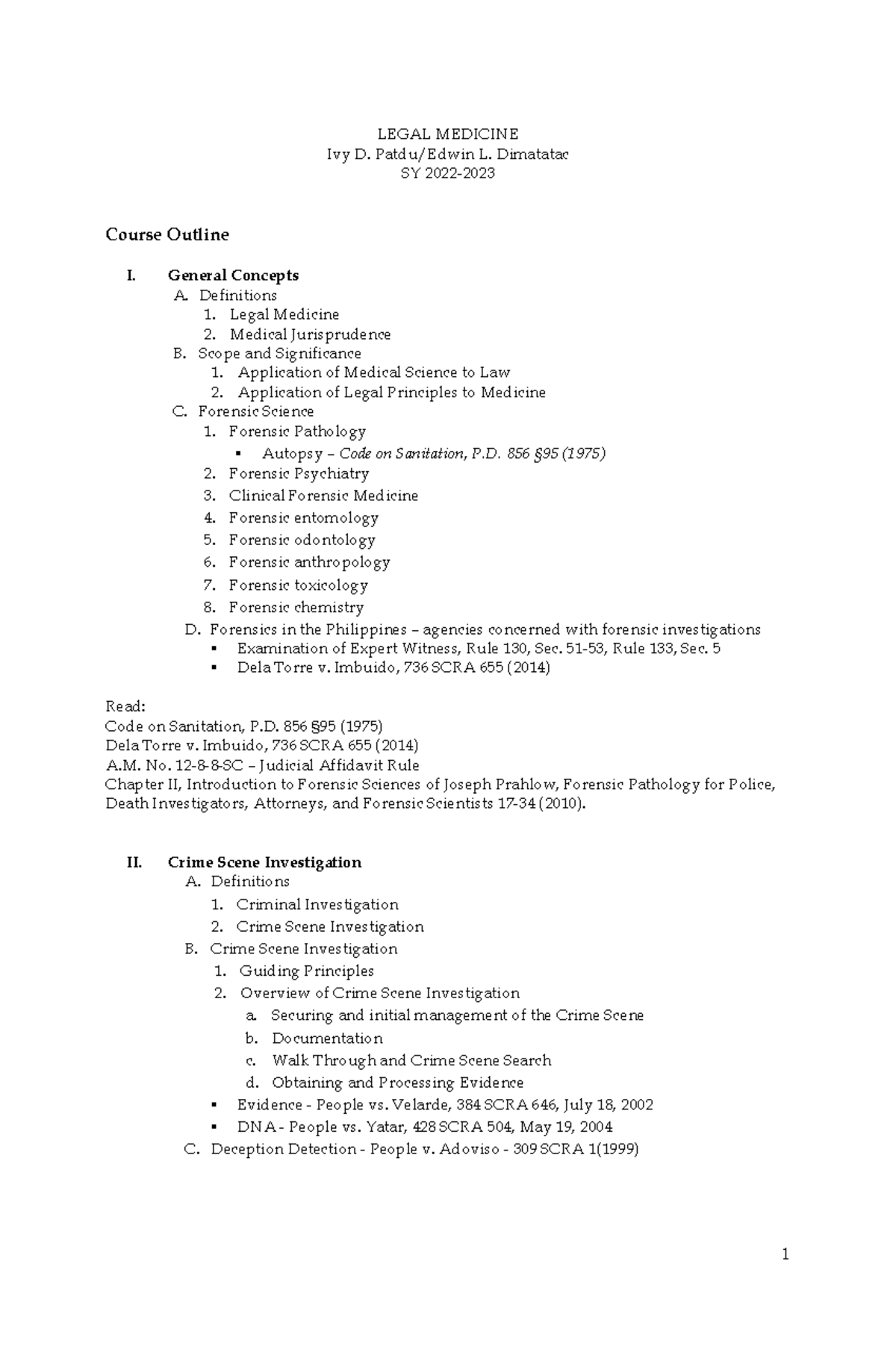 Legal Medicine Medical Jurisprudence SY 2022 2023 - LEGAL MEDICINE Ivy ...