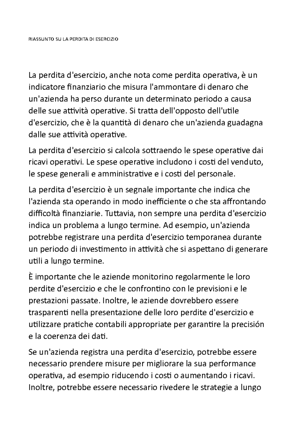 Riassunto perdita d'esercizio - RIASSUNTO SU LA PERDITA DI ESERCIZIO La ...