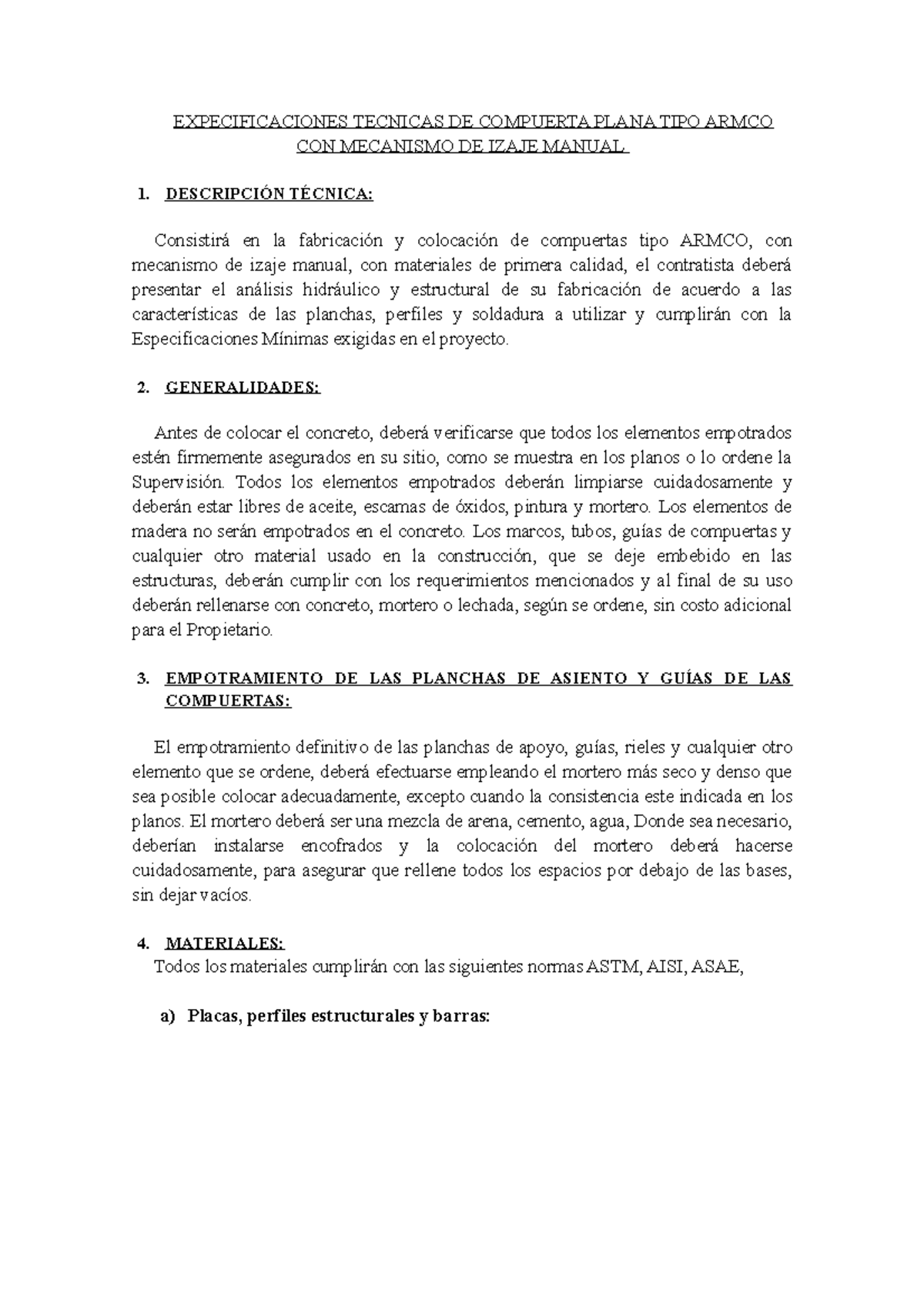 ET Compuerta Plana TIPO Armco 1 - EXPECIFICACIONES TECNICAS DE ...