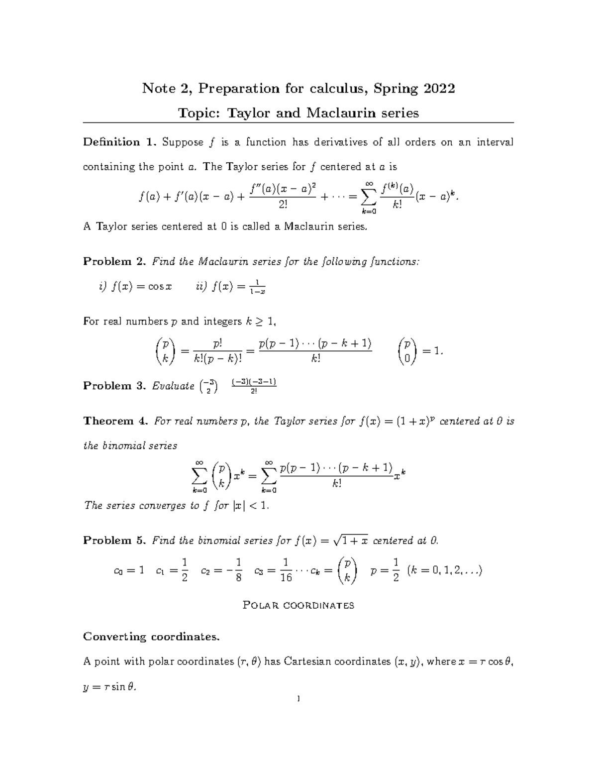 Math1432 - Taylor and Maclaurin series - Note 2, Preparation for ...