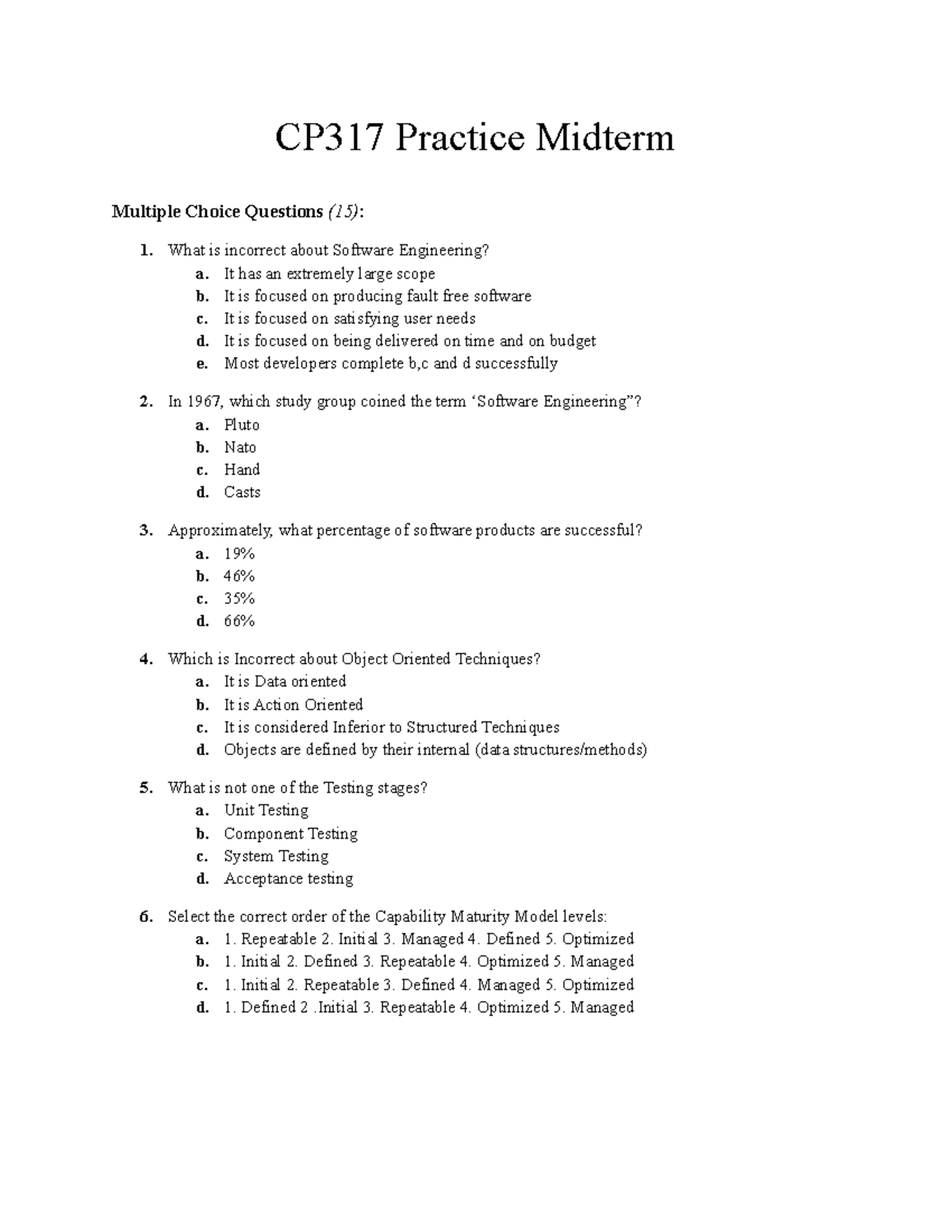 CP317 Practice Midterm - CP317 Practice Midterm Multiple Choice ...