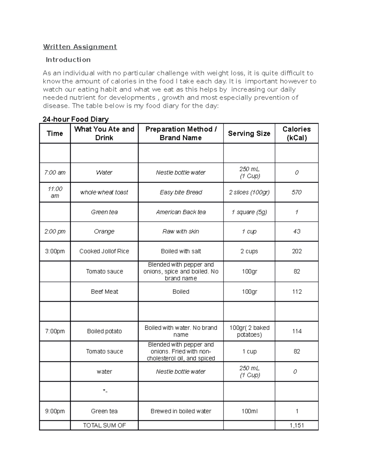 Nutrition Written Assignment unit 1 - Written Assignment Introduction ...