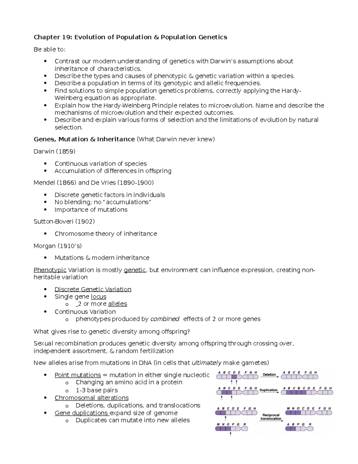 Chpater 19 lecture notes - Chapter 19: Evolution of Population ...