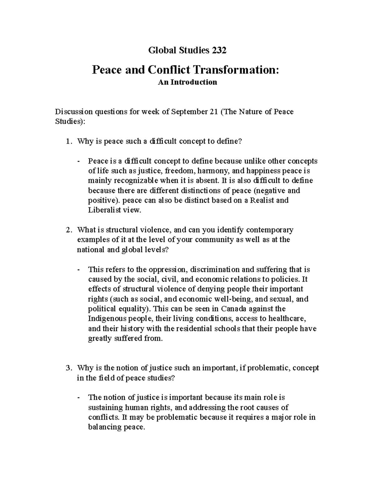 Reading questions - tutorial - Global Studies 232 Peace and Conflict ...