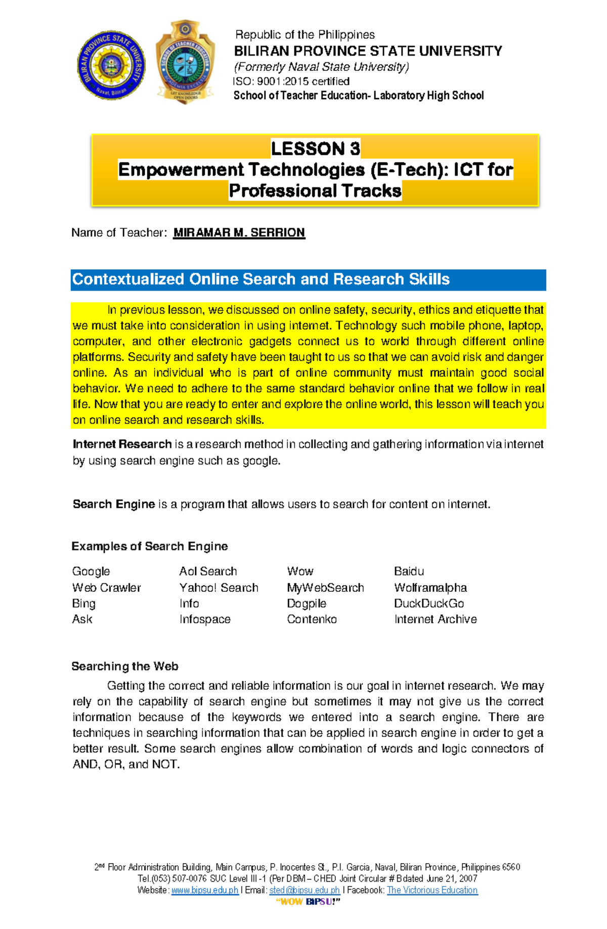 E-Tech Lesson 3 -Handouts PDF - Republic of the Philippines BILIRAN PROVINCE STATE UNIVERSITY ...