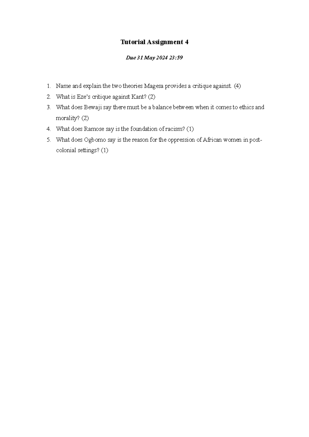 Tutorial Assignment 4(1) - ABR 311 - Tutorial Assignment 4 Due 31 May 2024 23: 1. Name and ...