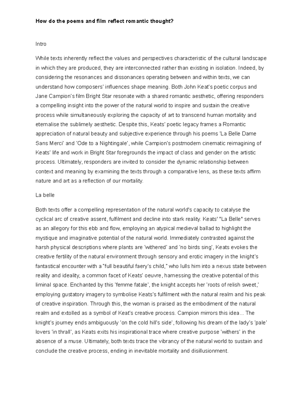 HSC English Mod A - Keats and Campion Essay - How do the poems and film ...