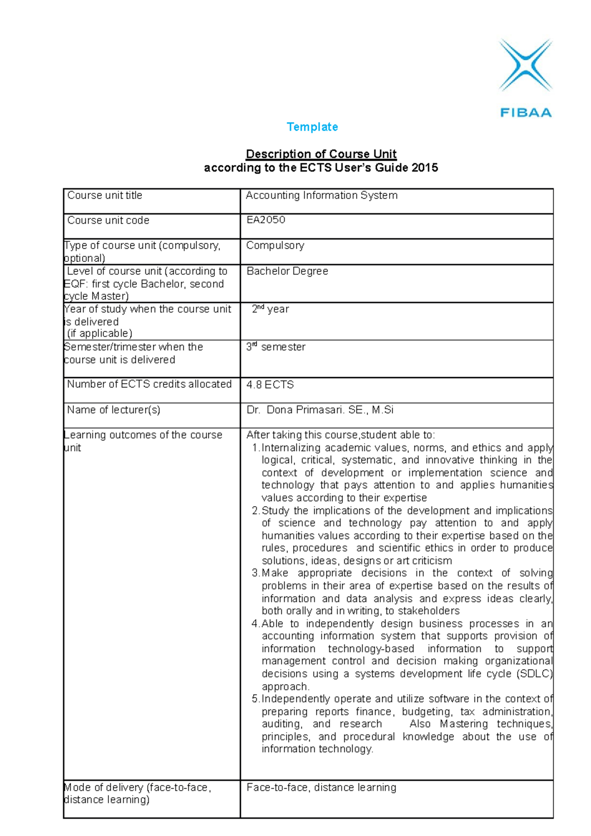 Accounting Information System - Template Description of Course Unit ...