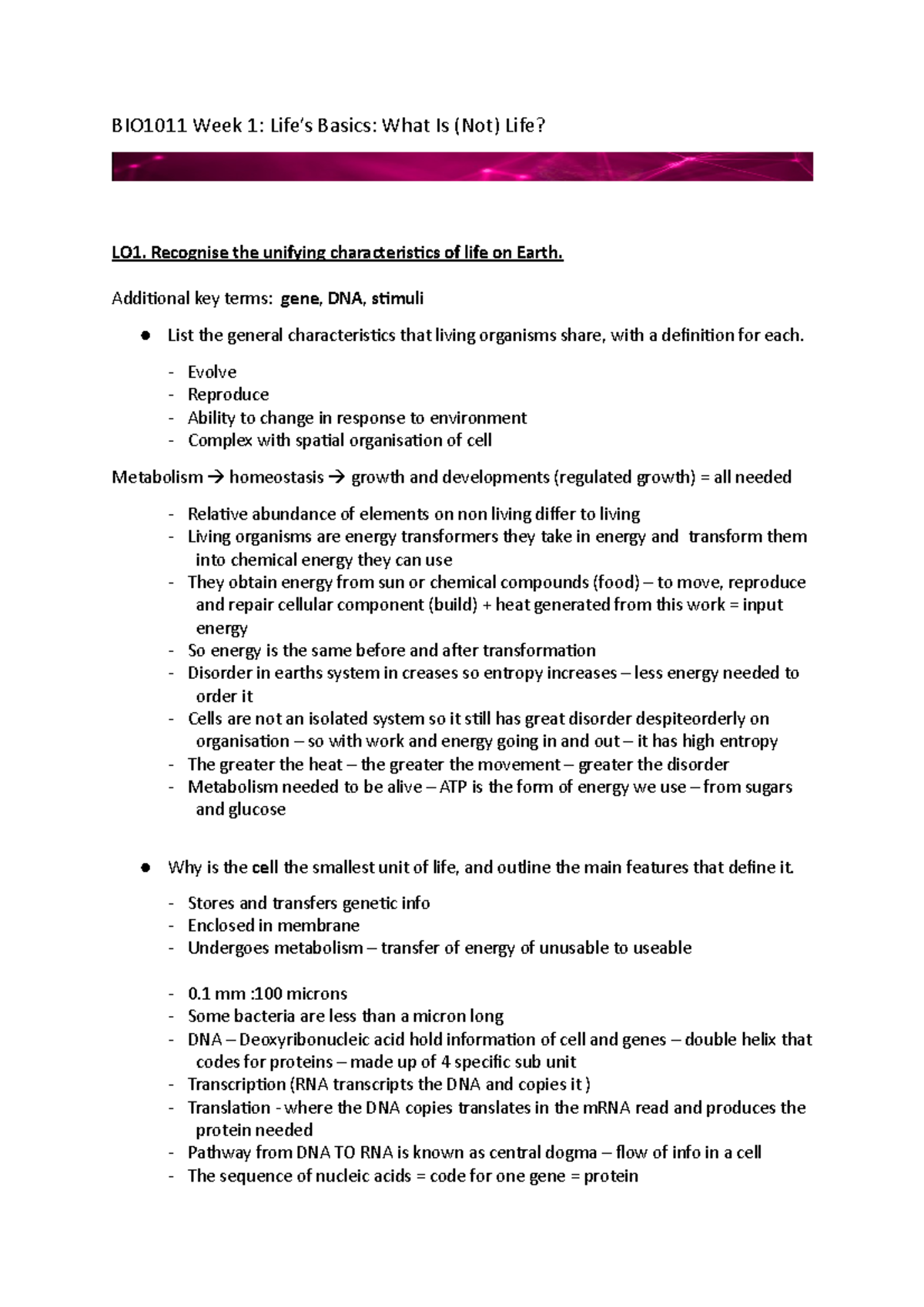 Week 1 Sudy Guide - Lecture notes 1 - BIO1011 Week 1: Life’s Basics ...