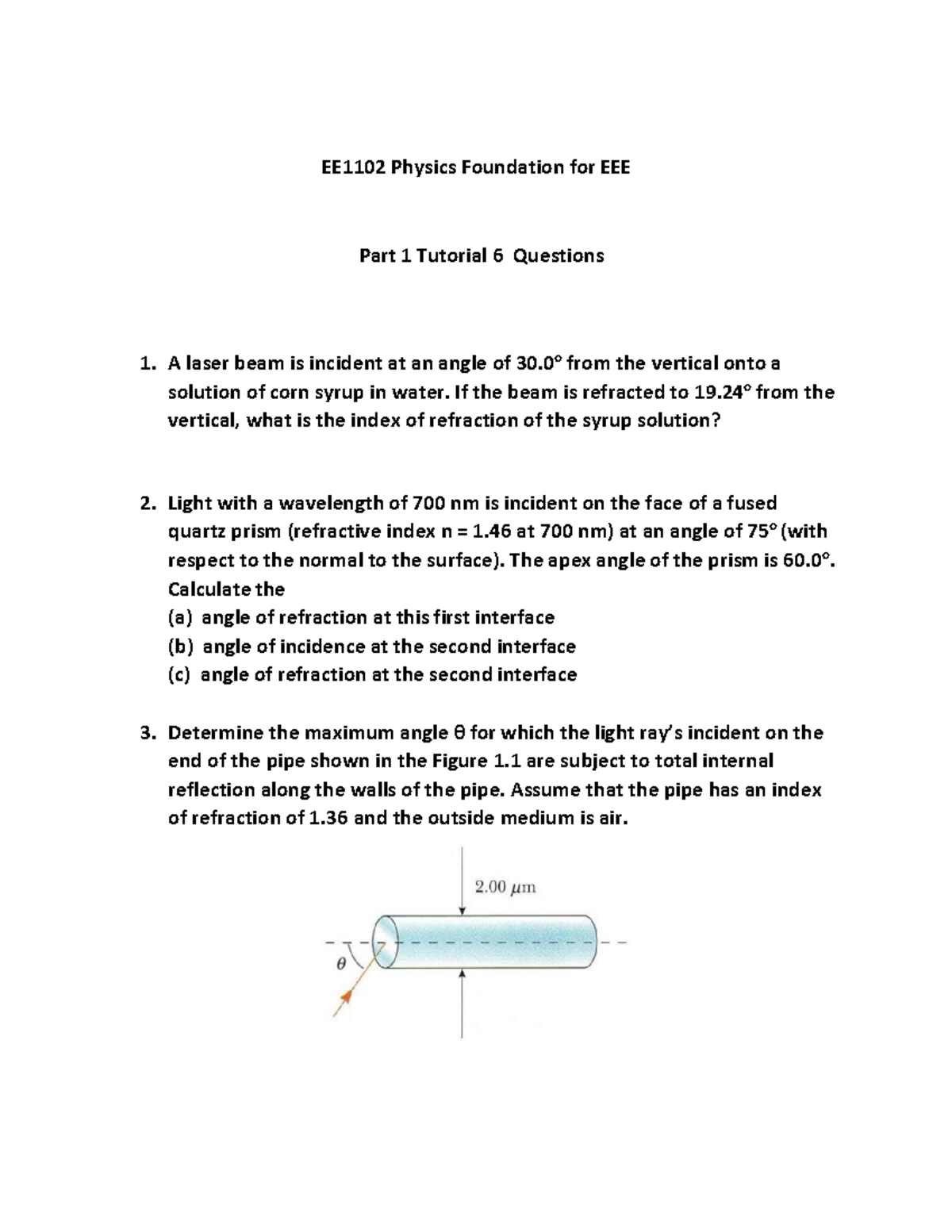 EE1102 Tutorial 6 - EE1102 Physics Foundation for EEE Part 1 Tutorial 6 ...