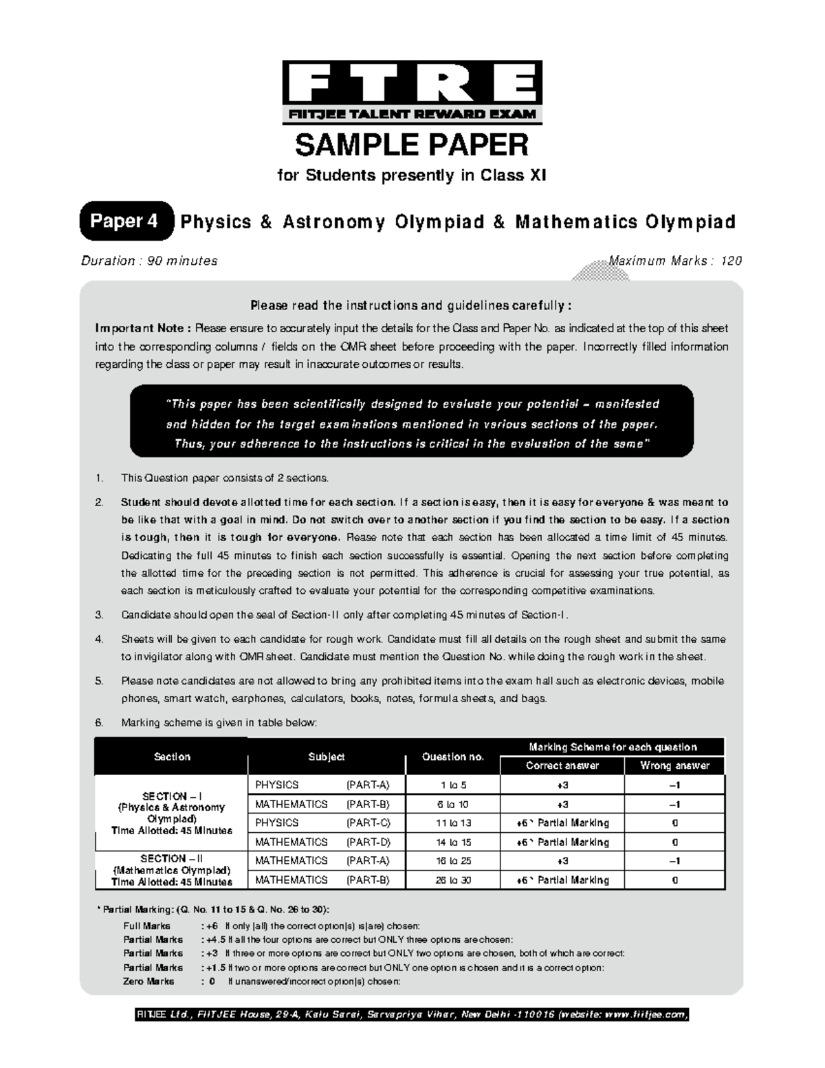 FTRE-2023- Sample Paper- Class-XI-P4-PM - FIITJEE Ltd., FIITJEE House ...